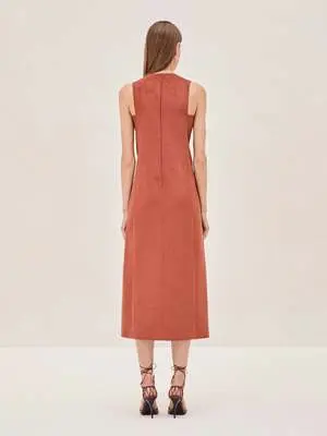 Alexis Kalita Vegan Suede Midi Dress With Gold-tone Buttons And Slit - Auburn