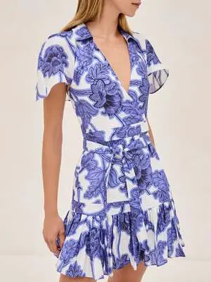 Alexis Melba Dress Floral Print Wrap Mini With Flutter Sleeves - Abyssb Blue