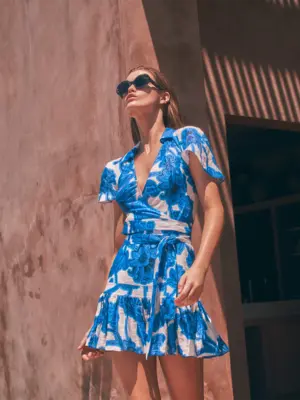Alexis Melba Dress Floral Print Wrap Mini With Flutter Sleeves - Abyssb Blue