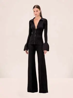 Alexis Olena Ribbed Knit Collared Button-down Top With Flared Cuffs