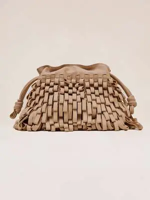 Alexis Quinn Woven Leather Fringe Clutch - Tan