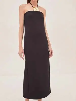 Alexis Sezane Halterneck Midi Dress With Gold Detail - Black