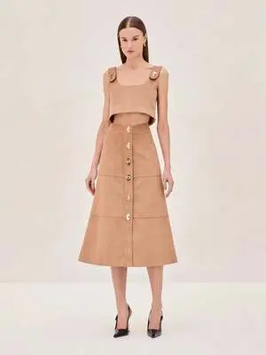 Alexis Sinead Vegan Suede Midi Skirt With Gold Buttons - Tan
