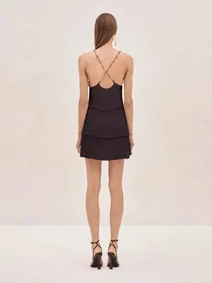 Alexis Brunia Pleated Tiered Mini Dress With Gold Chain Straps - Black