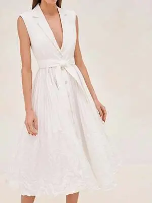 Alexis Sleeveless Midi Dress With Plunge Neckline And Crinkled Skirt - White