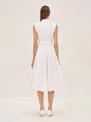 Alexis Sleeveless Midi Dress With Plunge Neckline And Crinkled Skirt - White