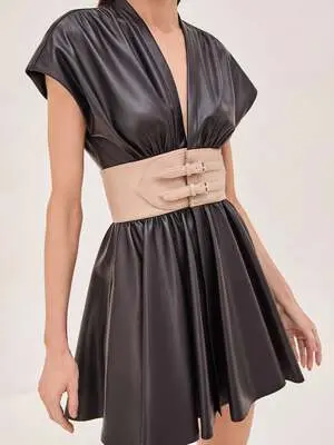 Alexis Berlin" Vegan Leather V-neck Midi Dress - Black