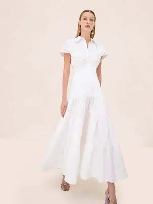 Alexis Carosini Shirred Tiered Midi Dress - White