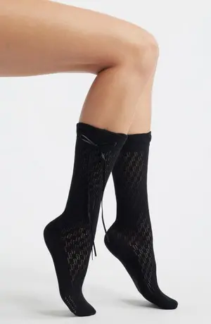 HIGH HEEL JUNGLE Charma Tie Pointelle Crew Socks Black