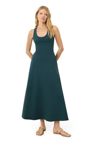 PACT Fit & Flare Organic Cotton Maxi Dress With Open Back - Deep Aqua