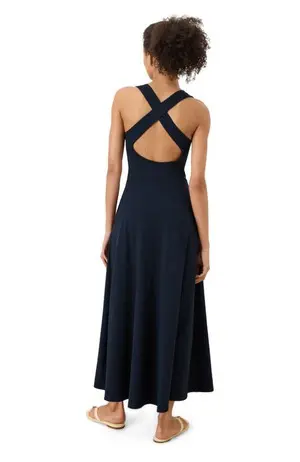 PACT Fit & Flare Organic Cotton Maxi Dress With Open Back - Navy