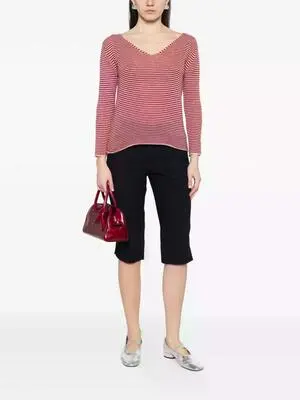 BEYOU Striped V-neck Sweater - Red