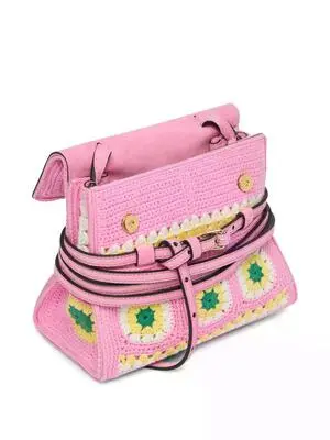 Moschino Floral Appliqued Crochet And Suede Tote Bag