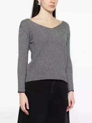 BEYOU Striped V-neck Sweater - Black