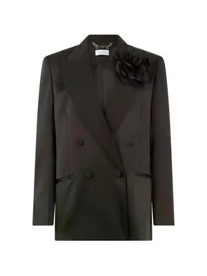 Philipp Plein Double-breasted Satin Blazer With Floral Appliqu - Black