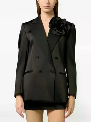 Philipp Plein Double-breasted Satin Blazer With Floral Appliqu - Black