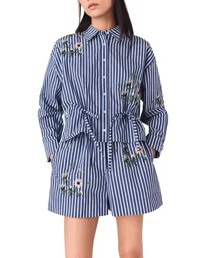 Maje Beaded Floral Striped Shirt