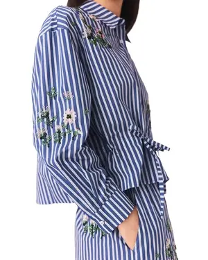 Maje Beaded Floral Striped Shirt