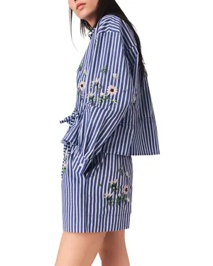 Maje Beaded Floral Striped Shirt