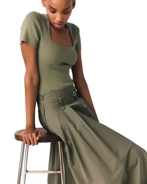 Maje Miyo Ribbed Square Neck Sweater - Khaki