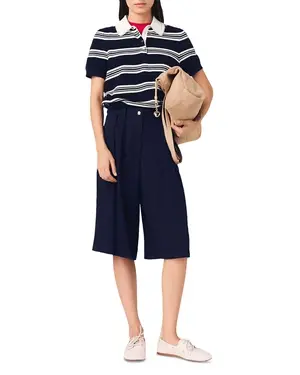 Maje Striped Rhinestone Collar Polo - Ecru/navy Blue
