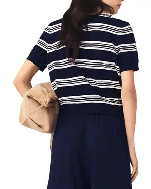 Maje Striped Rhinestone Collar Polo - Ecru/navy Blue