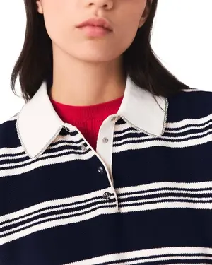 Maje Striped Rhinestone Collar Polo - Ecru/navy Blue
