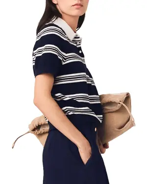 Maje Striped Rhinestone Collar Polo - Ecru/navy Blue