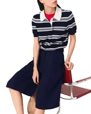 Maje Striped Rhinestone Collar Polo - Ecru/navy Blue