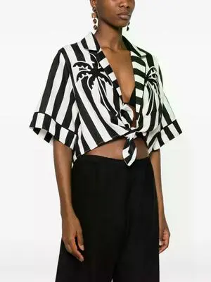 Farm Rio Striped Palm Tree Motif Cropped Shirt