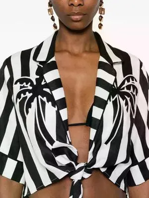 Farm Rio Striped Palm Tree Motif Cropped Shirt