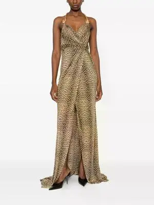 Roberto Cavalli Leopard-print Maxi Dress With Chain Straps - Neutrals