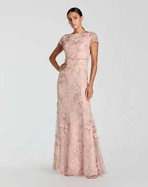 Mac Duggal Floral Applique Boat Neck Cap Sleeve Gown - Pink