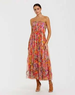 Mac Duggal Floral Strapless Ruffle Dress