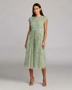 Mac Duggal Floral Embellished Cap Sleeve Midi Dress