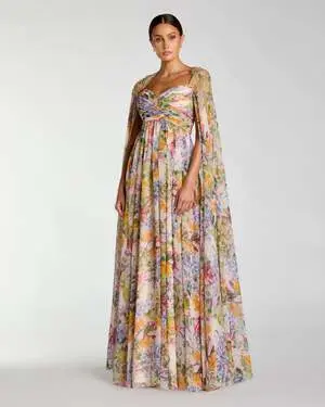Mac Duggal Floral Gown With Beaded Cape Sleeves