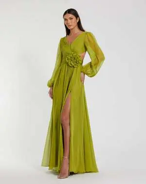 Mac Duggal Long Sleeve V-neck Chiffon Gown With 3d Flower - Green
