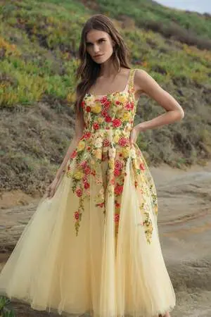 Mac Duggal Embroidered Tulle Midi Dress With Floral Detailing