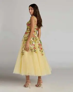 Mac Duggal Embroidered Tulle Midi Dress With Floral Detailing