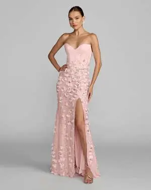 Mac Duggal 3d Floral Strapless Sweetheart Gown With Slit - Pink