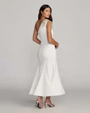 Mac Duggal One Shoulder Midi Dress With 3d Flower Embellishment