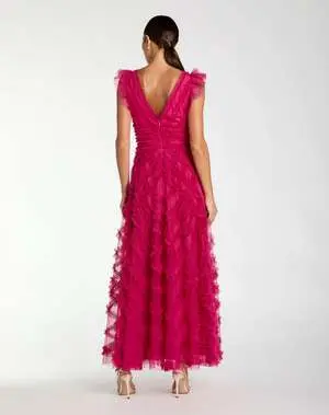 Mac Duggal Ruffled V-neck Cap Sleeve Maxi Dress
