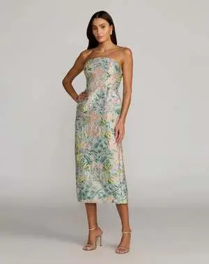 Mac Duggal Strapless Brocade Midi Dress With Pockets - Pastel Multi