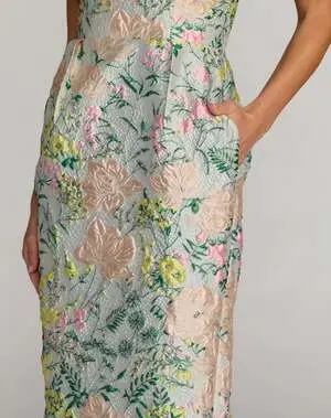 Mac Duggal Strapless Brocade Midi Dress With Pockets - Pastel Multi