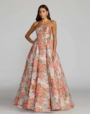 Mac Duggal Strapless Floral Brocade Ball Gown With Pockets
