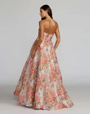 Mac Duggal Strapless Floral Brocade Ball Gown With Pockets