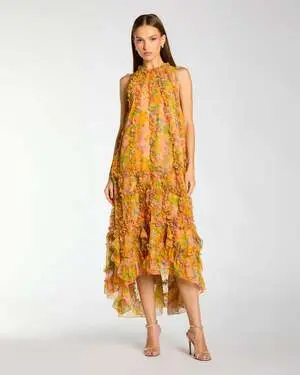 Mac Duggal Sleeveless Floral Micro Ruffle Trapeze Midi Dress - Yellow