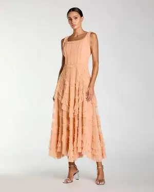 Mac Duggal Sleeveless Ruffle Midi Dress - Orange