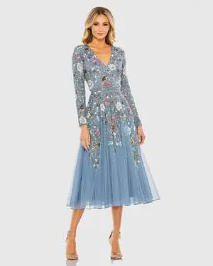 Mac Duggal Floral-embellished V-neck Long Sleeve Dress