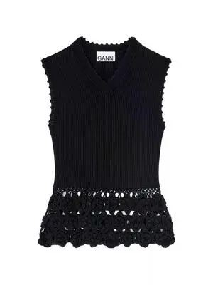 GANNI Crochet V-neck Top - Black
